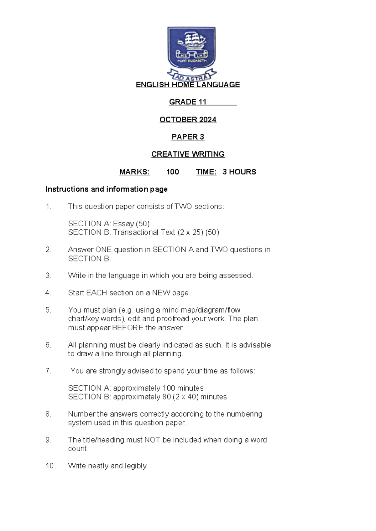 Grade 11 English Home Language Paper 3 Exam - Creative Writing 2024 ...