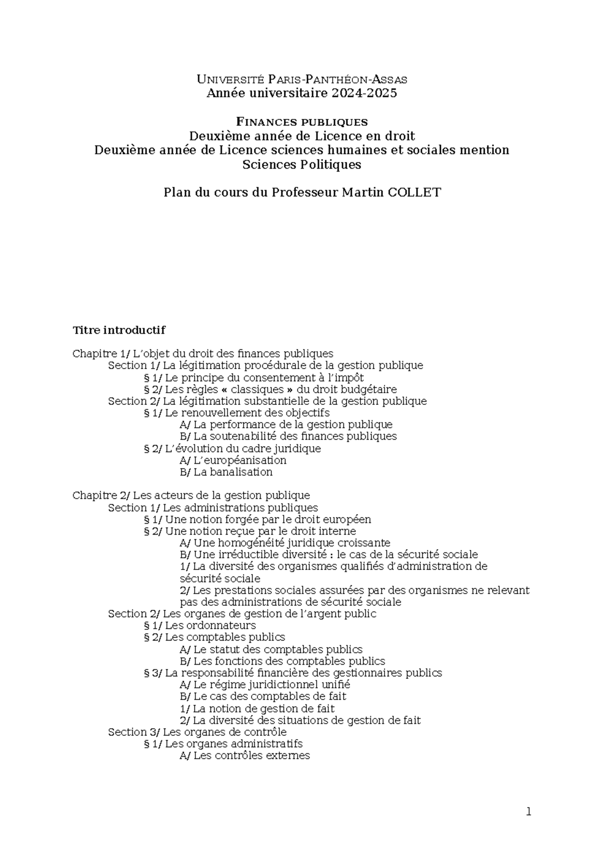 Plan de Cours : Finances Publiques L2 (2024-2025) - Studocu