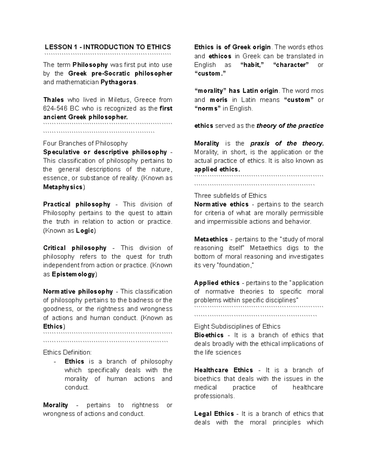 Ethics 101 - Key Concepts and Theories: Lesson Notes - Studocu