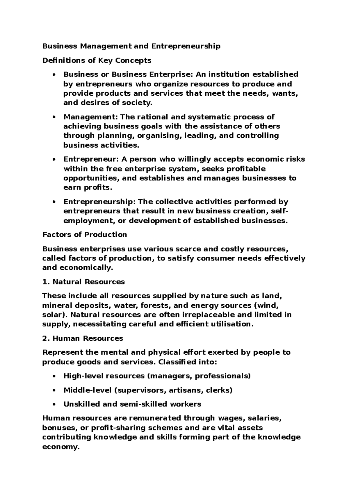 Business Management and Entrepreneurship Key Concepts Overview (SU1 ...