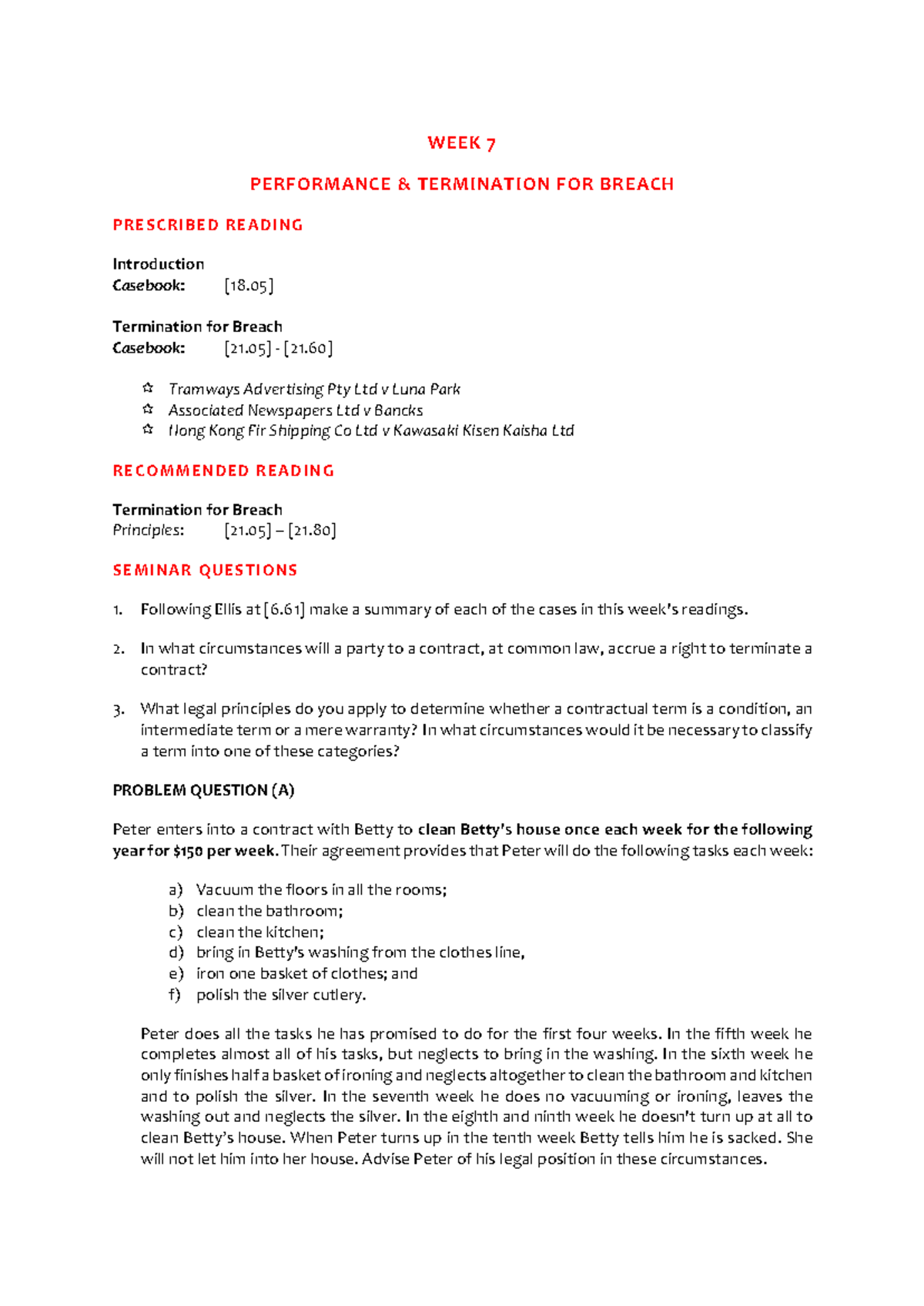 LLB1170 - Week 7 Readings: Termination for Breach Analysis - Studocu