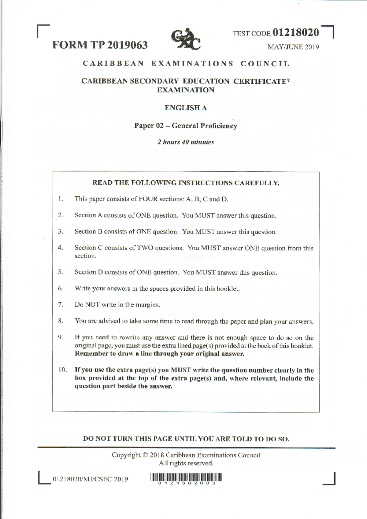 CXC CSEC Many-June 2019 - English A Paper 2 - Engineering Materials Lab ...