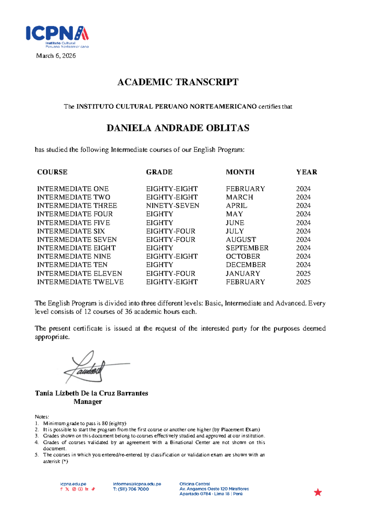Intermediate English Program Transcript for Daniela Andrade Oblitas ...
