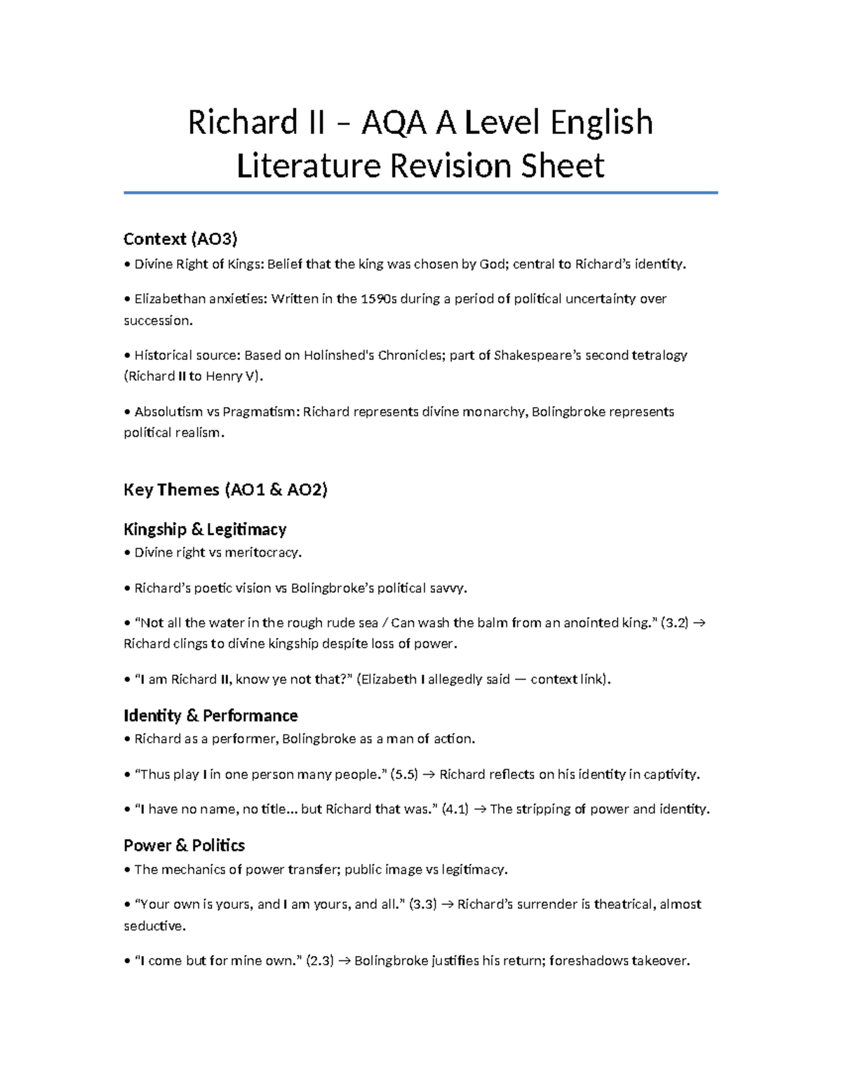 Richard II AQA A Level English Literature Revision Notes (AO3, AO1, AO2 ...