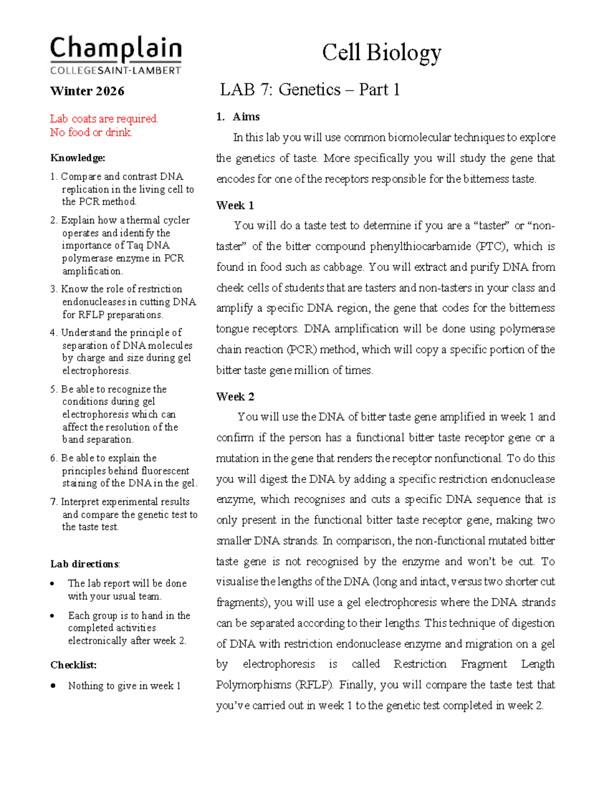 Lab 7: Genetics of Taste - PCR and RFLP Analysis - Studocu