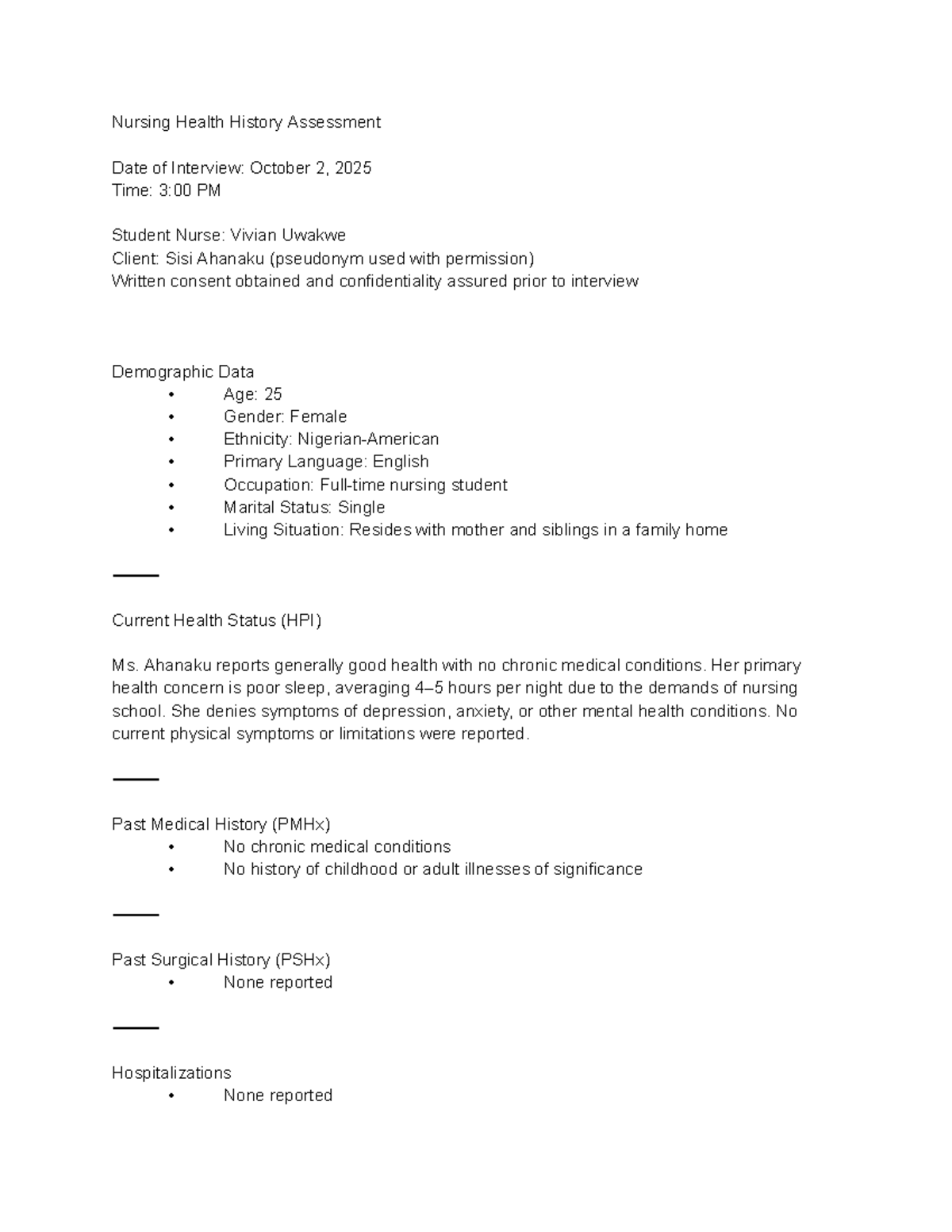 NUR 101: Health History Assessment - Client Interview Notes - Studocu