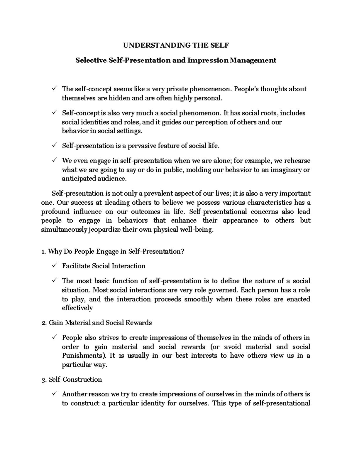Understanding THE SELF (Selective Self-Presentation and Impression ...