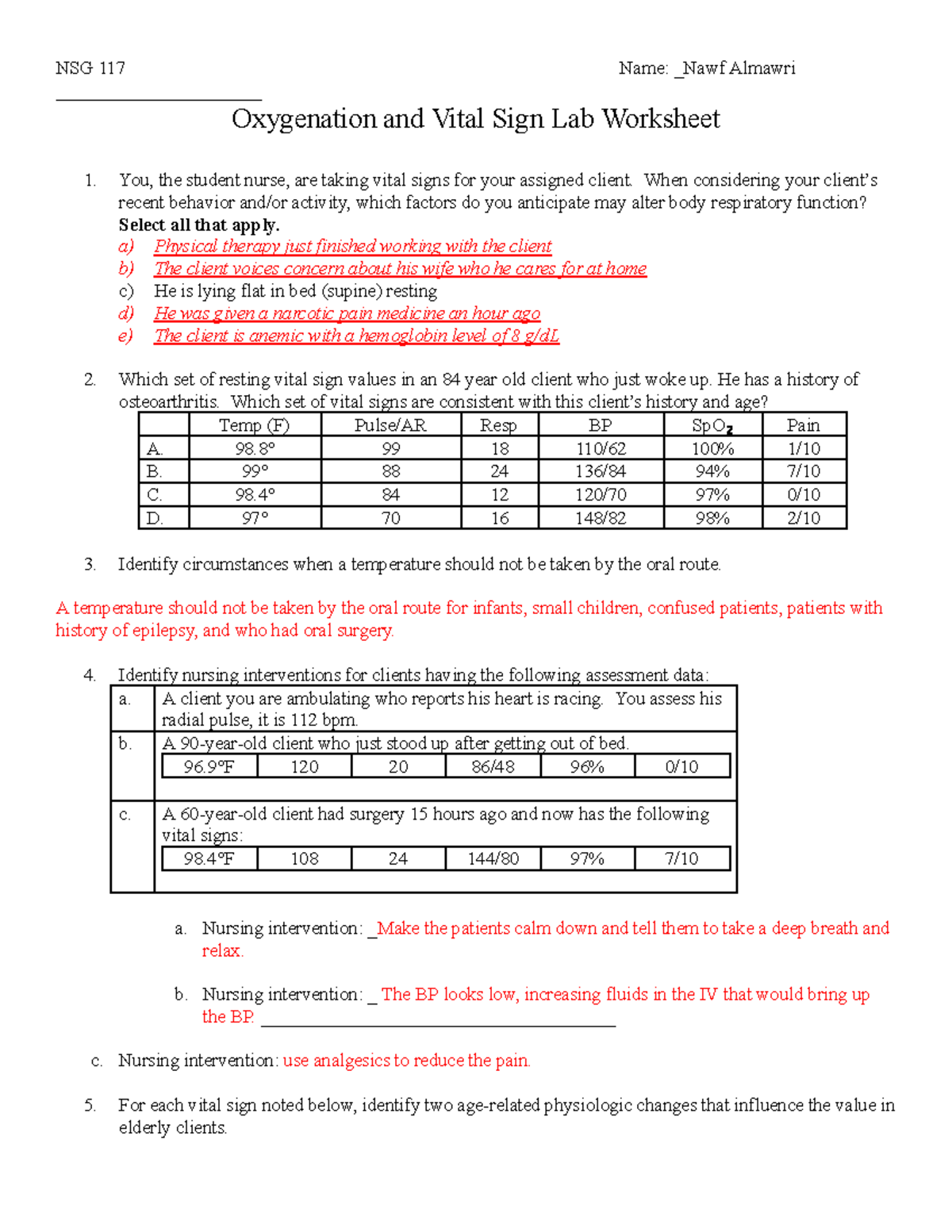 NSG 117 Oxygenation & Vital Signs Lab Worksheet Questions and Answers ...