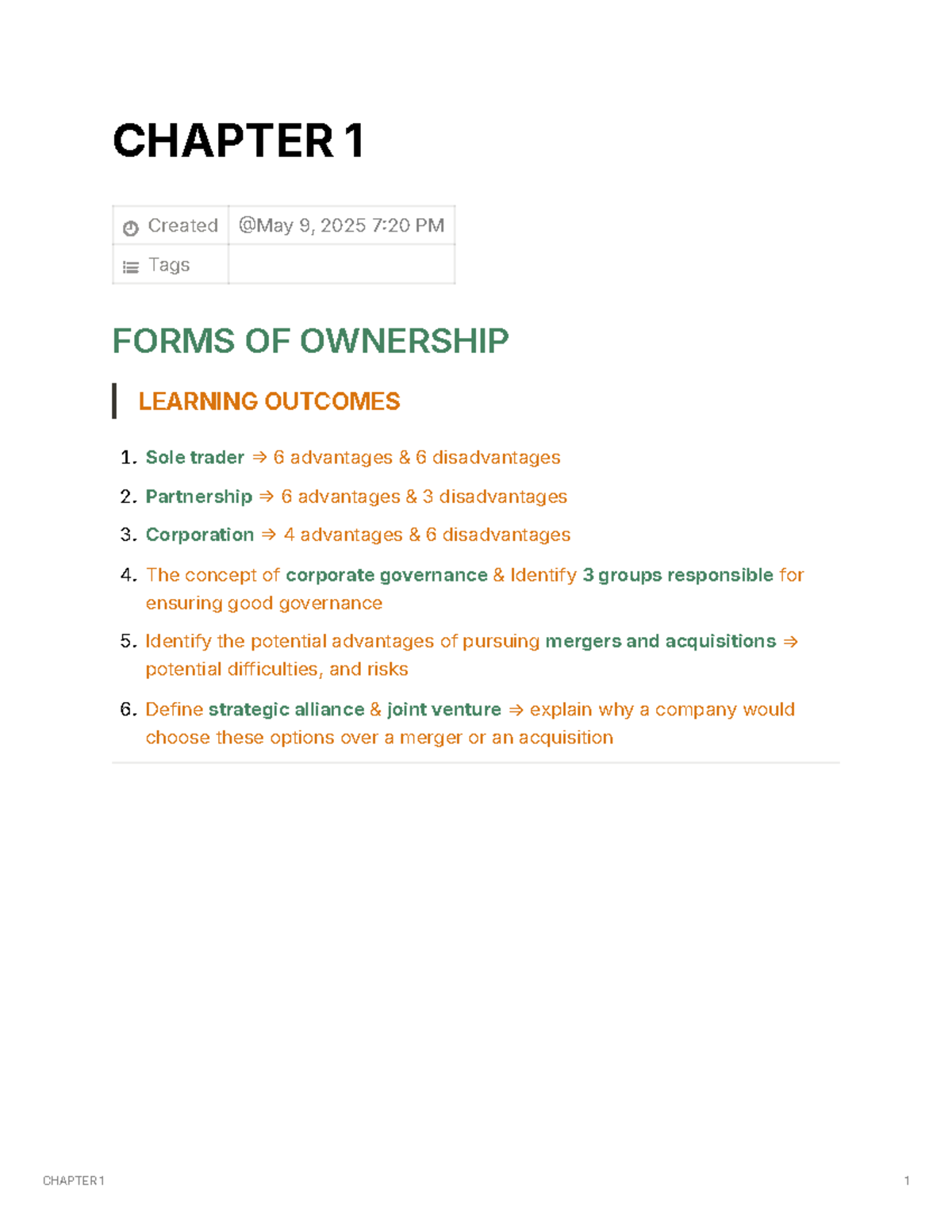 FE SS1 - Chapter 1: Forms of Ownership and Corporate Governance - Studocu