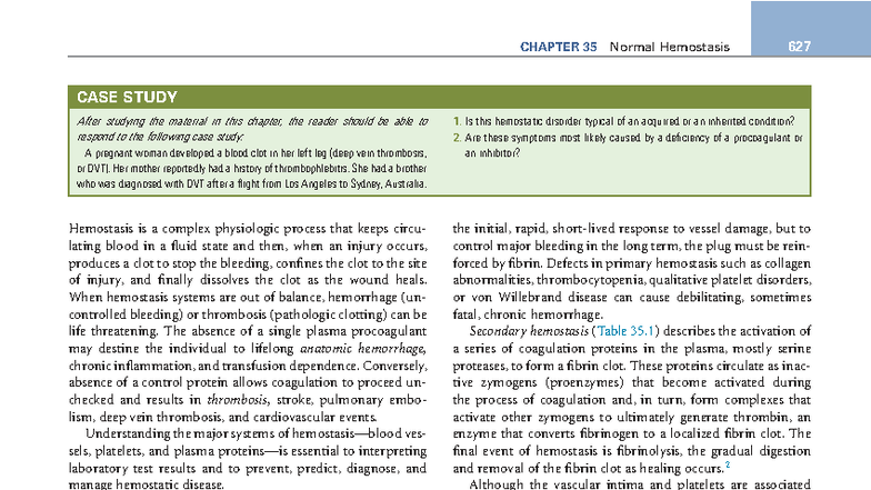 CHAPTER 35 Normal Hemostasis: Case Study on DVT and Hemostatic ...