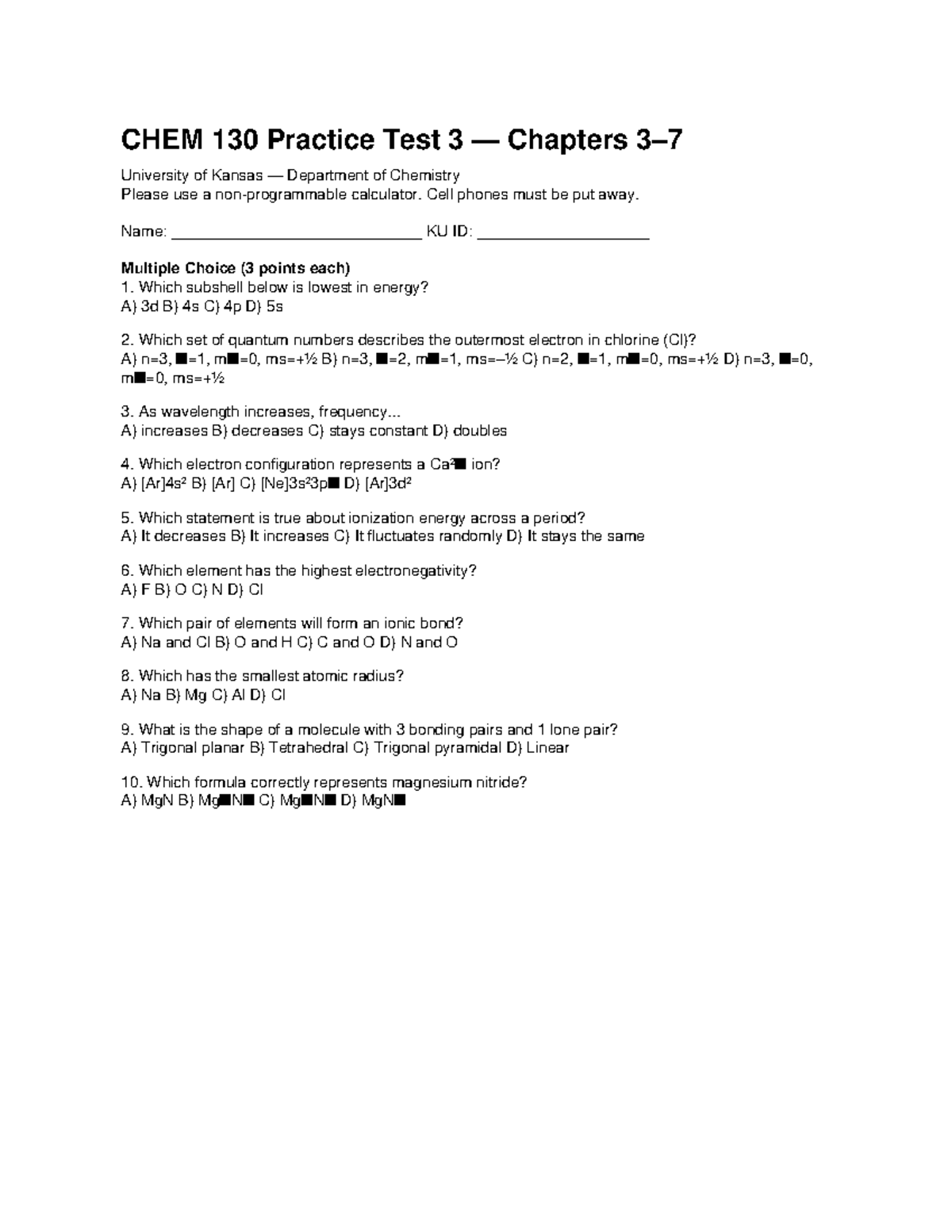 CHEM 130 Practice Test 3: Chapters 3-7 - University of Kansas - Studocu