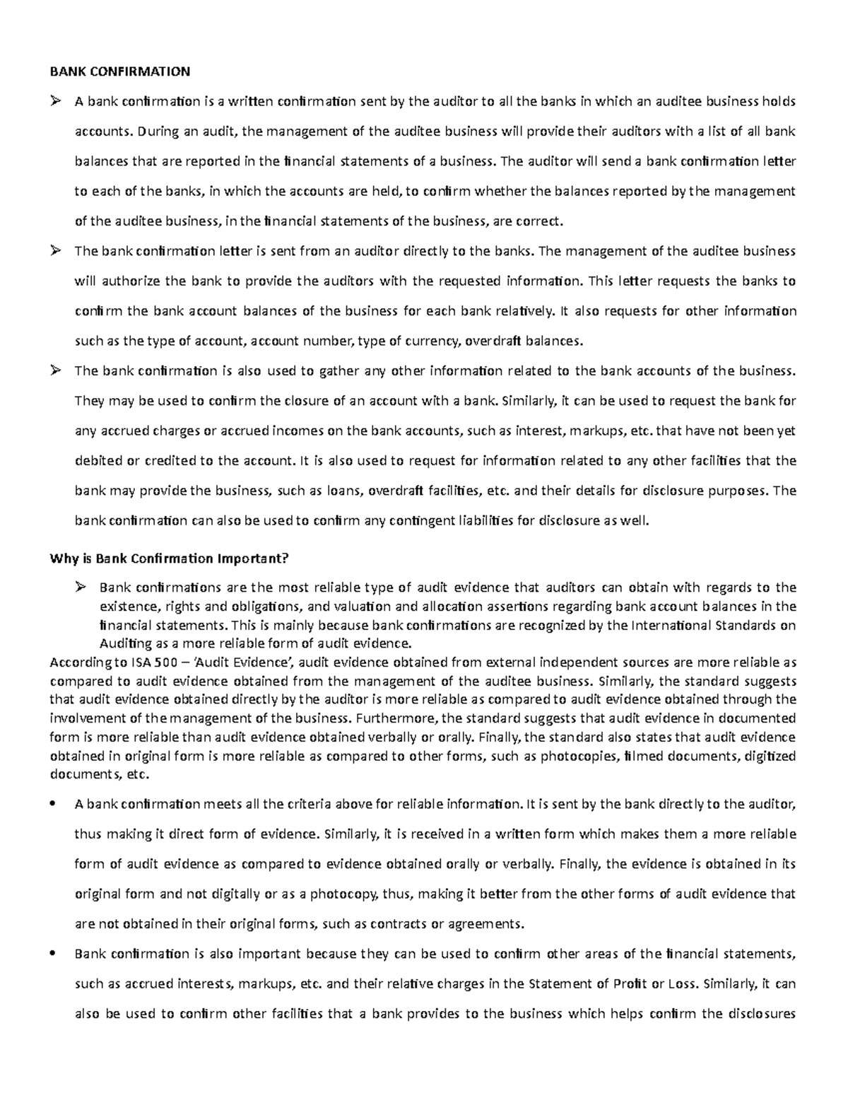 Bank Confirmation Process: Importance & Auditor Procedures - Studocu