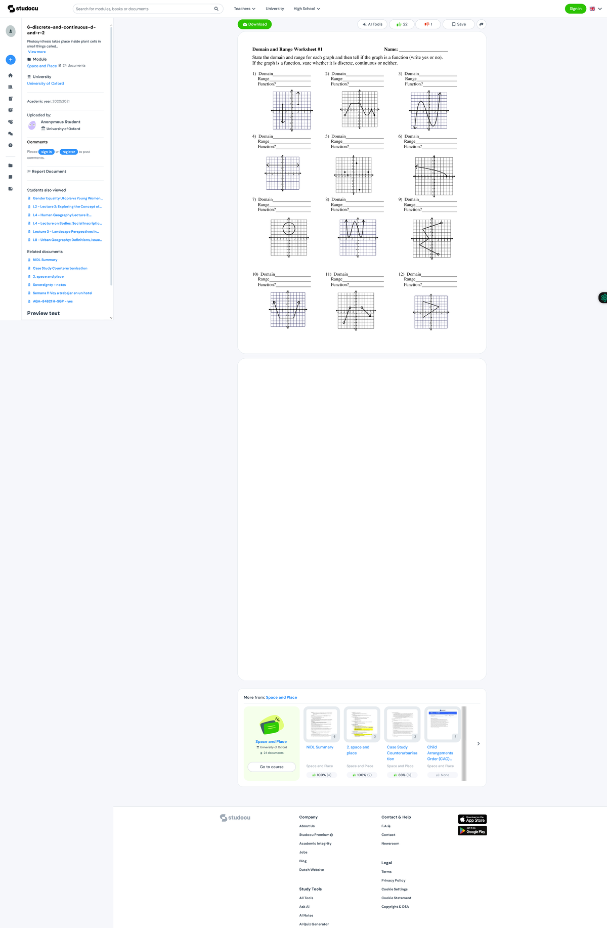 Domain and Range Worksheet #1: Discrete & Continuous Functions - Studocu