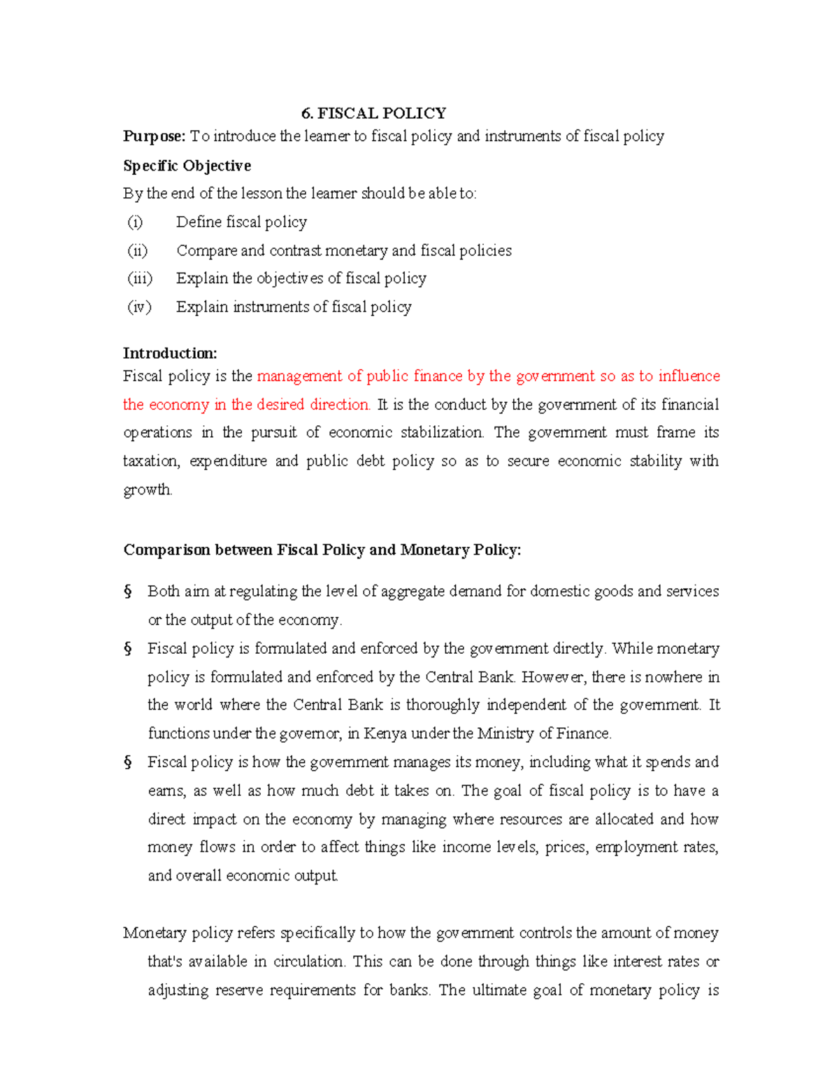 Fiscal Policy Notes: Objectives, Instruments & Limitations - Studocu