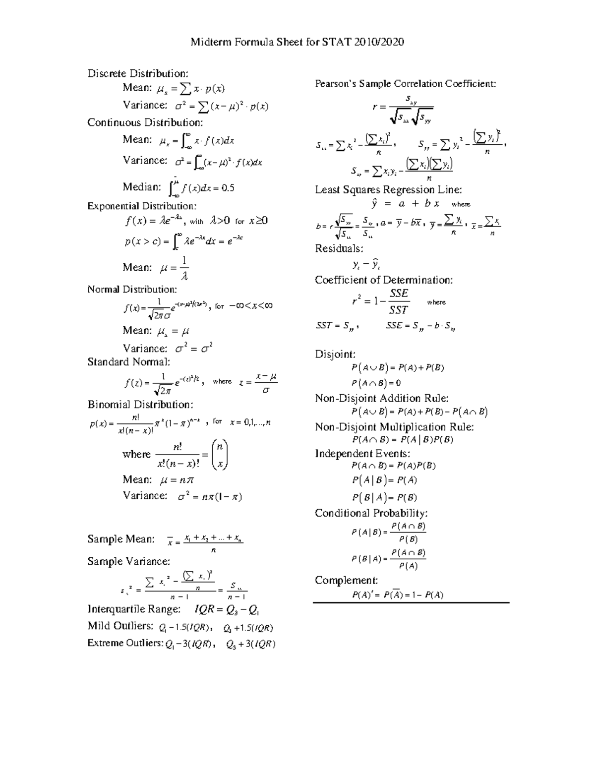 Midterm Formula Sheet for STAT 2010: Key Distributions & Equations ...