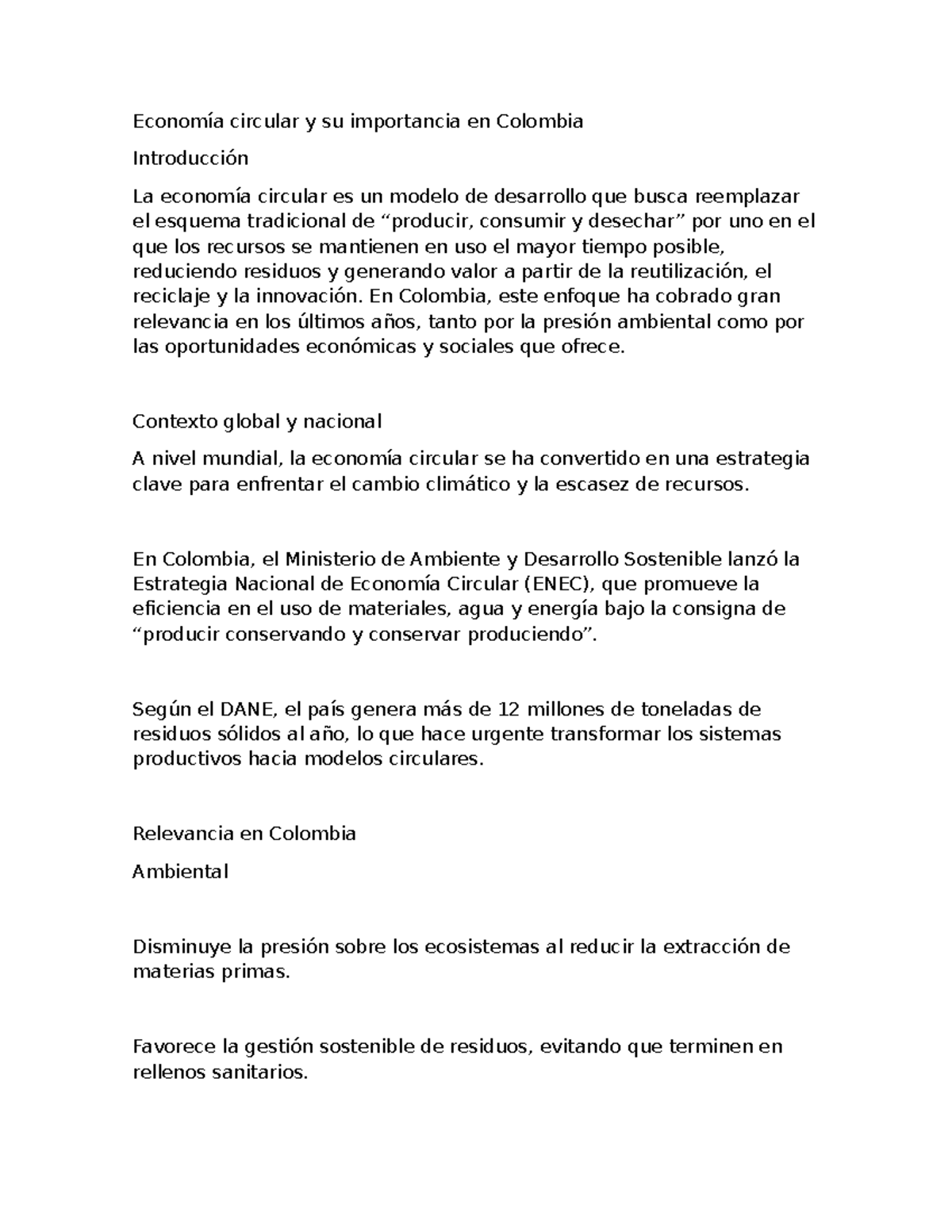 Economía Circular en Colombia: Importancia y Retos Actuales - Studocu