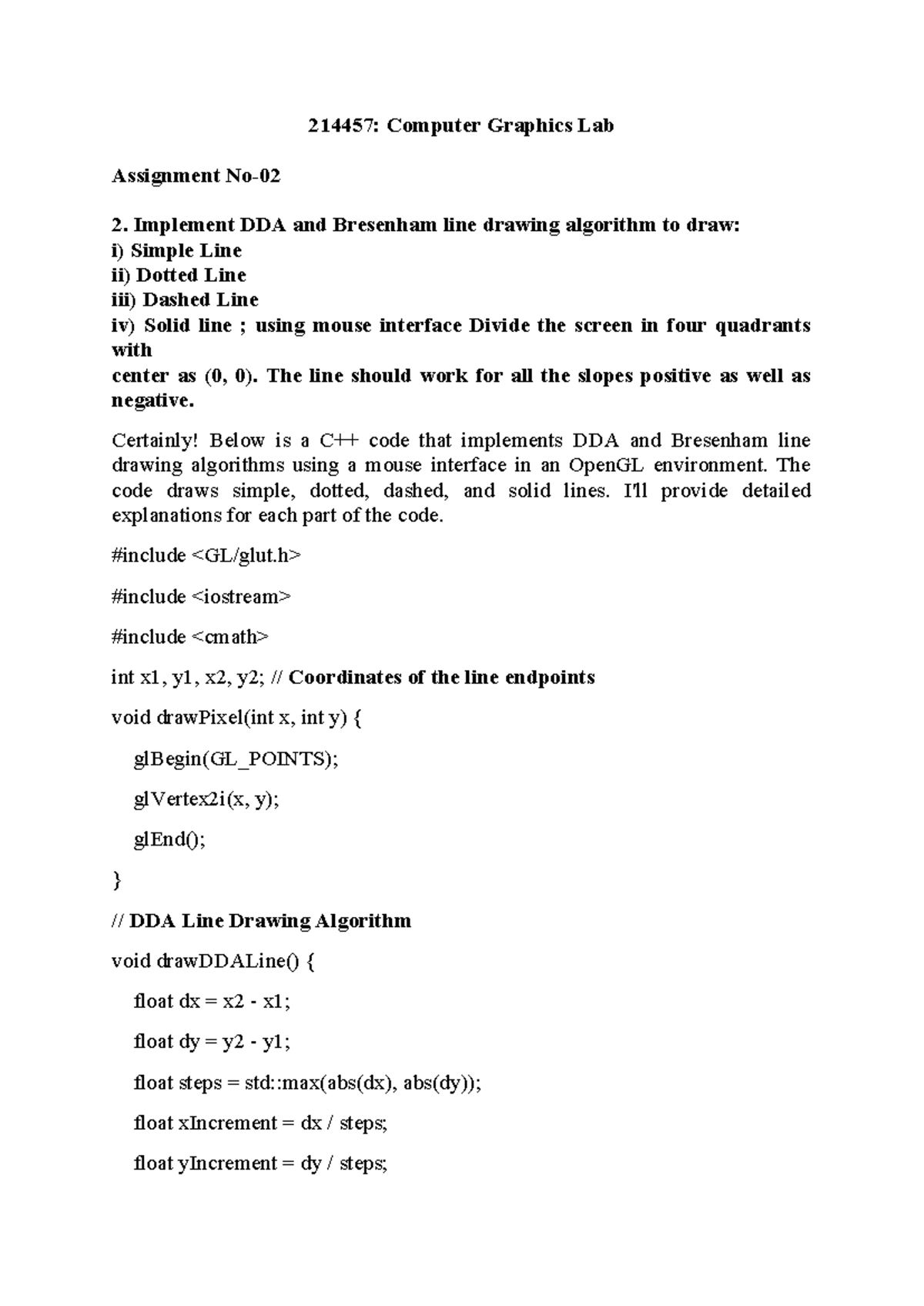 Computer Graphics Assignment 2: DDA & Bresenham Line Algorithms - Studocu
