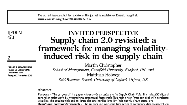 Supply Chain 2.0 Revisited: Managing Volatility-Induced Risks (IJPDLM ...