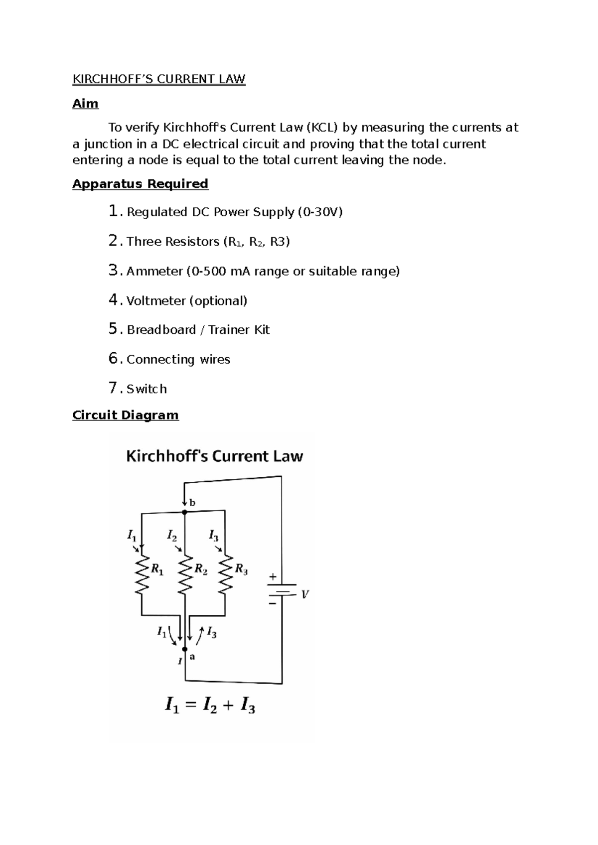 Kirchhoff's Current Law (KCL) Experiment Guide - Studocu