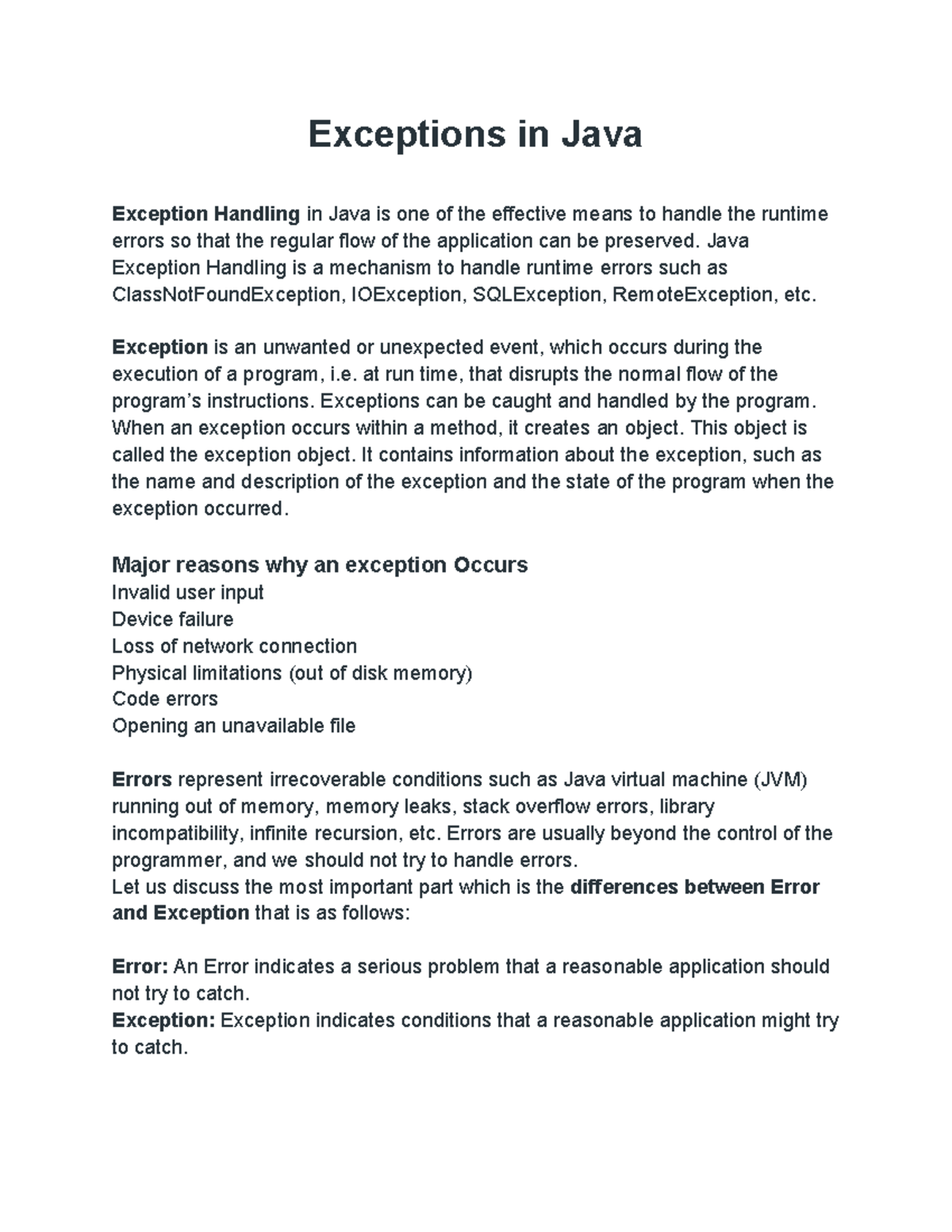 Exceptions in Java - Exceptions in Java Exception Handling in Java is one of the effective means ...