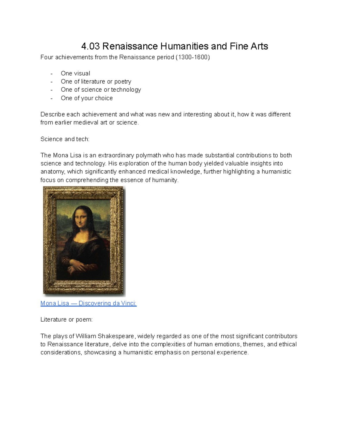 4.03 Renaissance Achievements: Art, Science & Humanism Insights - Studocu