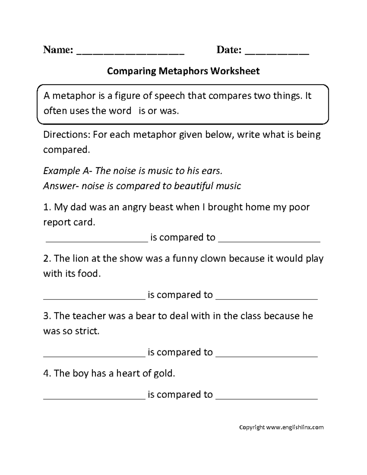 Comparing Metaphors Worksheet A: Part 1 Beginner Analysis - Studocu
