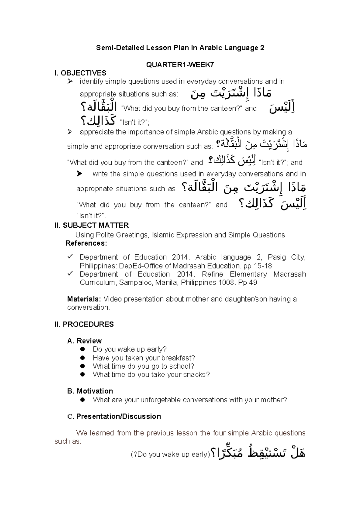 AL G2 Q1 W7 - Semi-Detailed Lesson Plan for Arabic Language 2 - Studocu