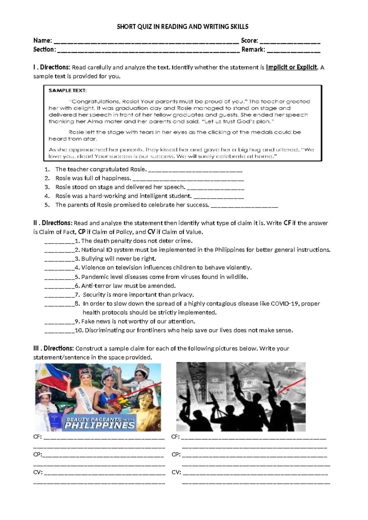 SHORT QUIZ IN READING AND WRITING SKILLS (RW101) - Studocu