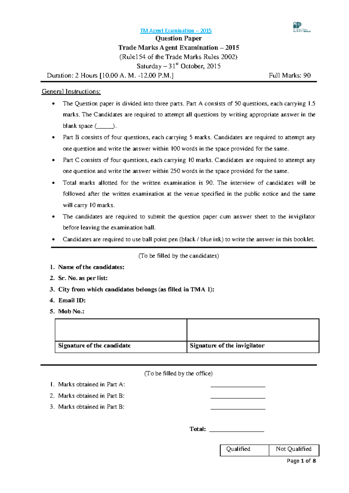 Trade Mark Agents Exam Question Paper - Final - 2015 - Studocu