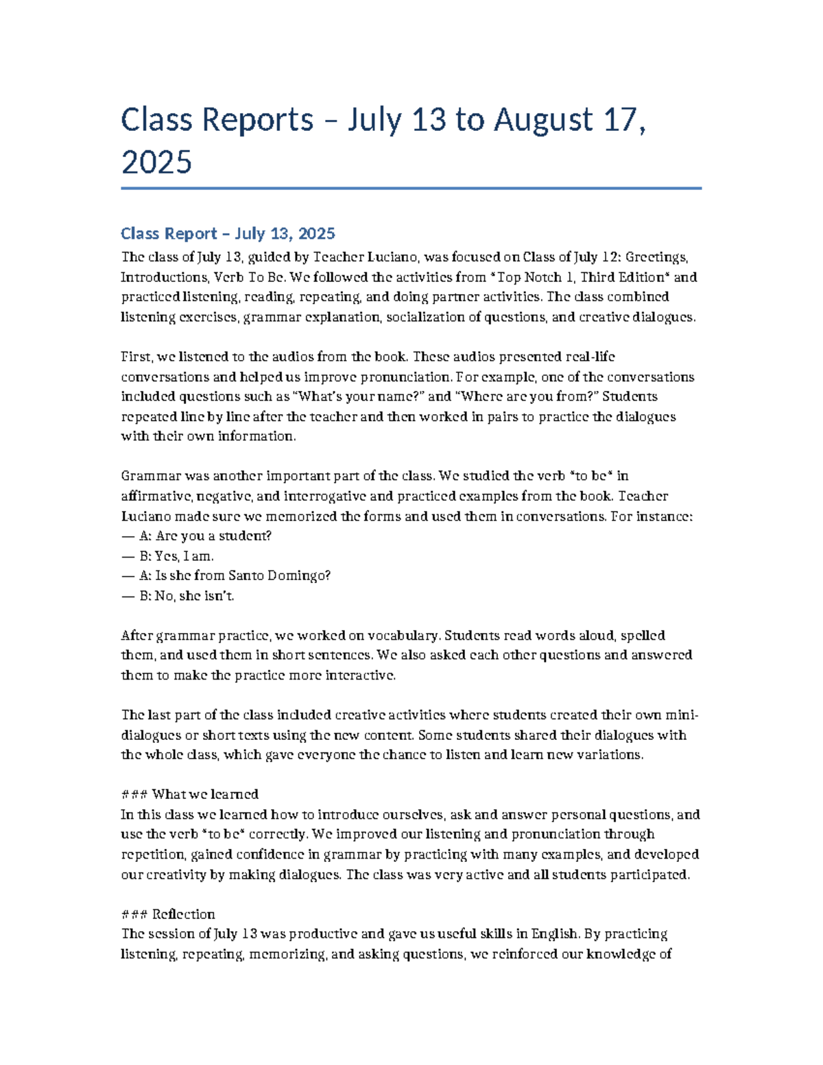 Class Reports for Advanced English Course (July-August 2025) - Studocu