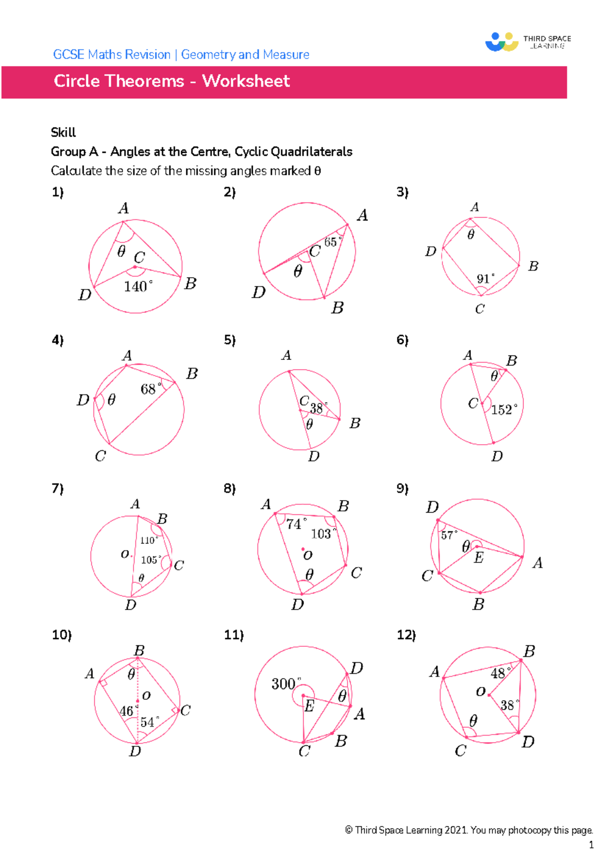 Third Space Learning Circle Theorems GCSE Worksheet - Circle Theorems ...
