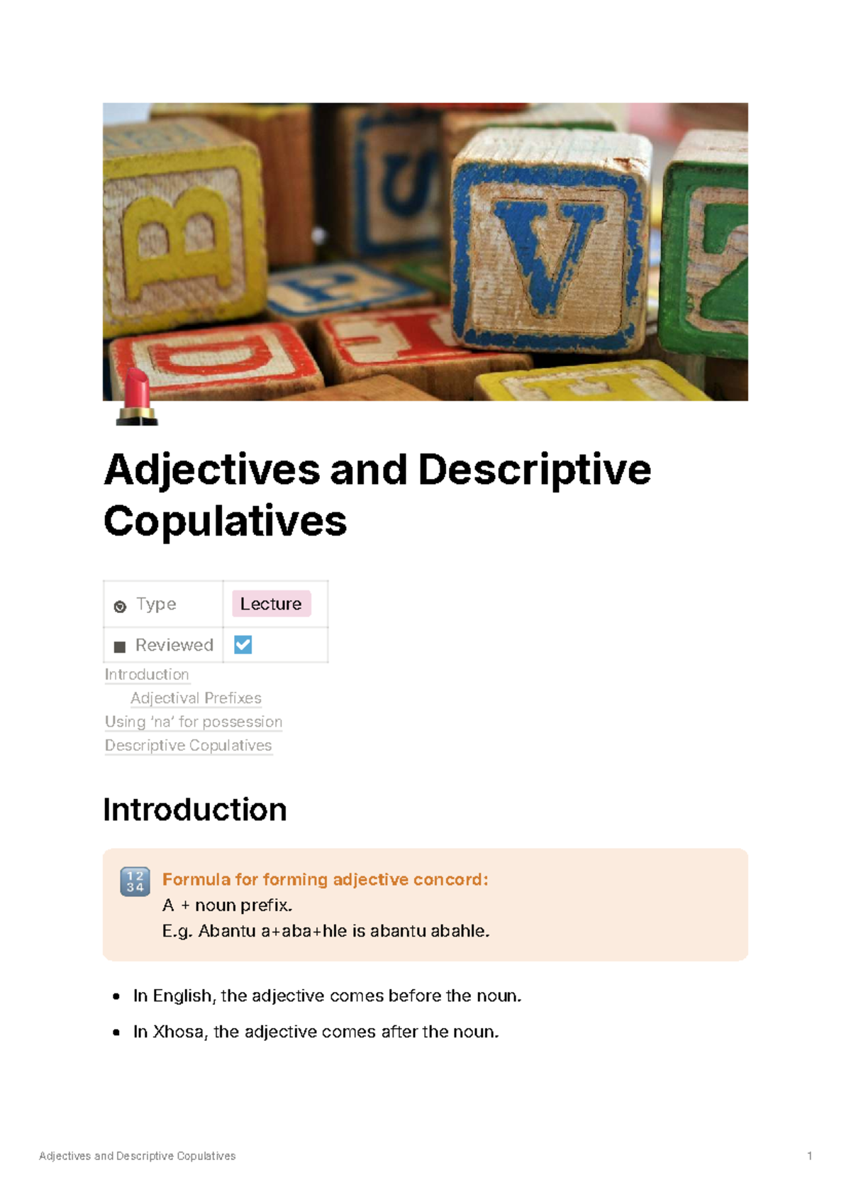 Adjectives and Descriptive Copulatives Lecture Notes (XH 101) - Studocu