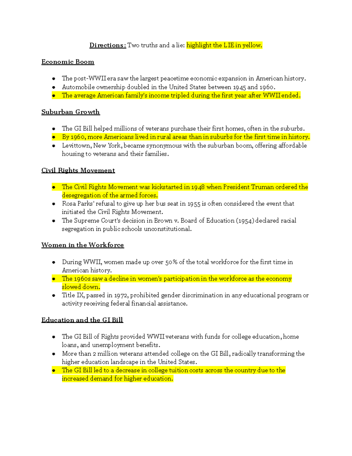 Post-WWII Culture: Two Truths & a Lie Analysis - Studocu