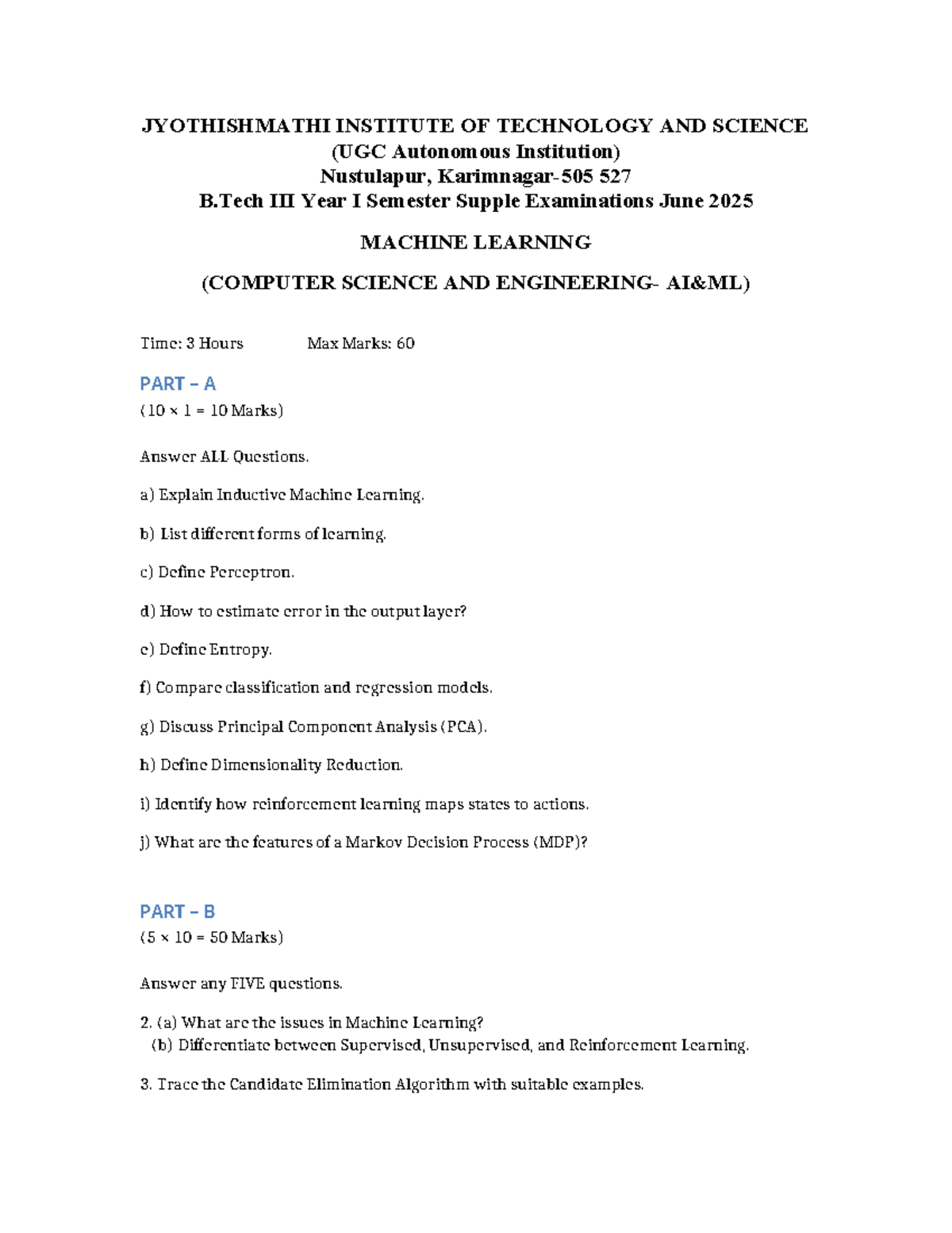 B.Tech I Sem Machine Learning Supple Exam QP June 2025 - Studocu