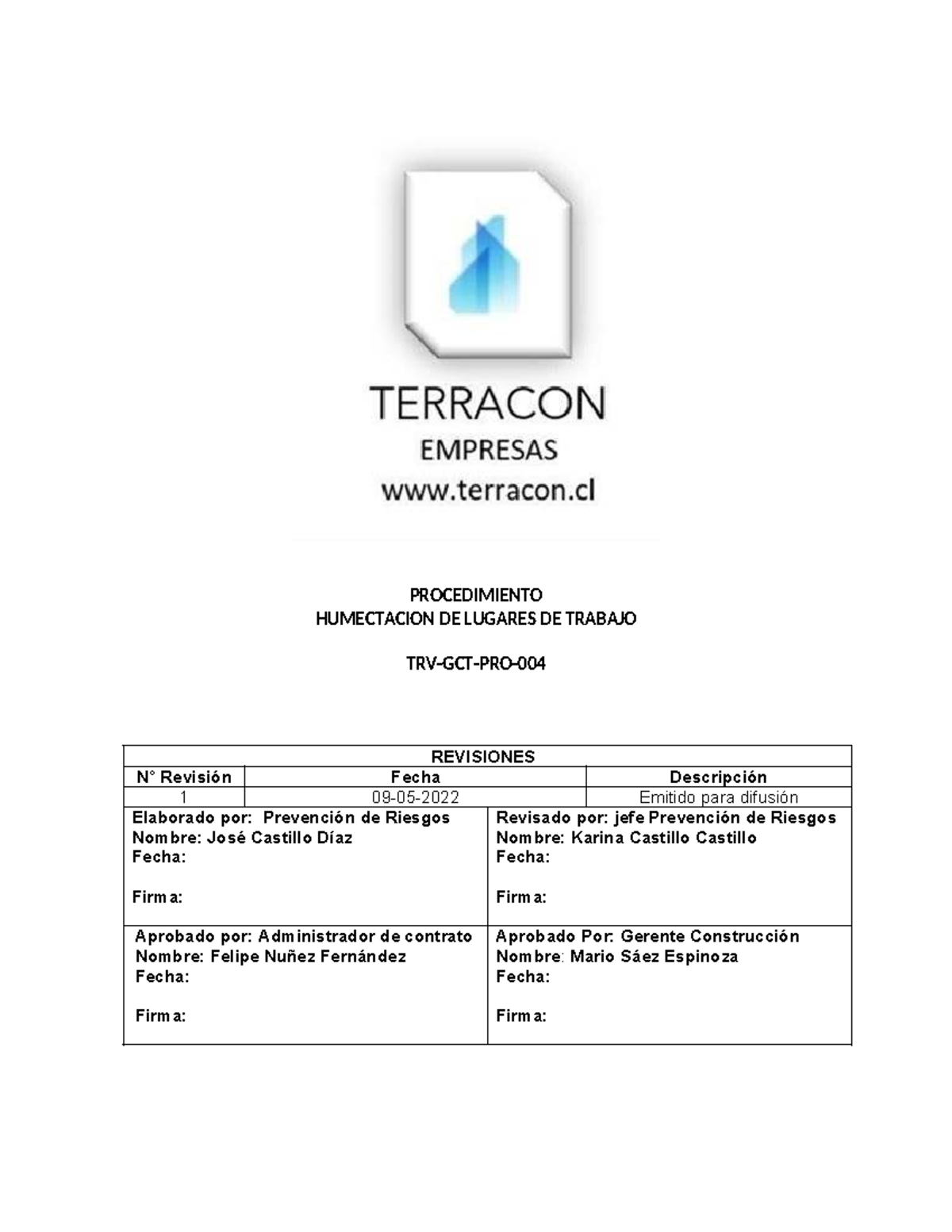 TRV-GCT-PRO-004 Rev 1: Procedimiento de Humectación en Trabajos - Studocu