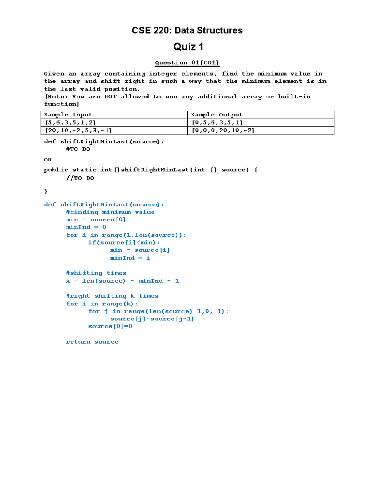 CSE 220: Data Structures Quiz 1 - Array Manipulation Techniques - Studocu