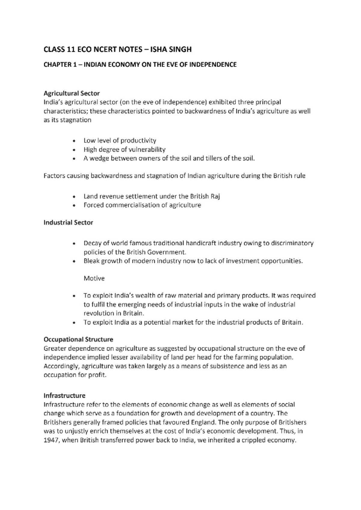 CLASS 11 ECO NCERT NOTES CH 1: INDIAN ECONOMY ON EVE OF INDEPENDENCE ...