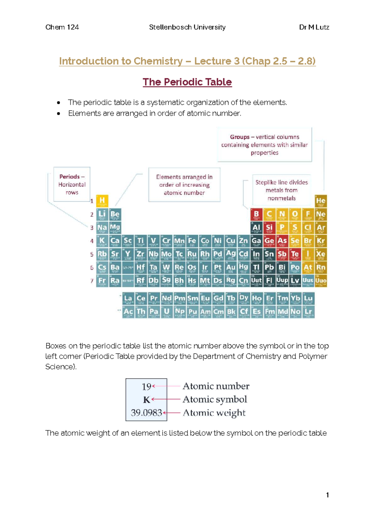 Chem 124 Stellenbosch University - Intro to Chemistry Lecture 3: The ...