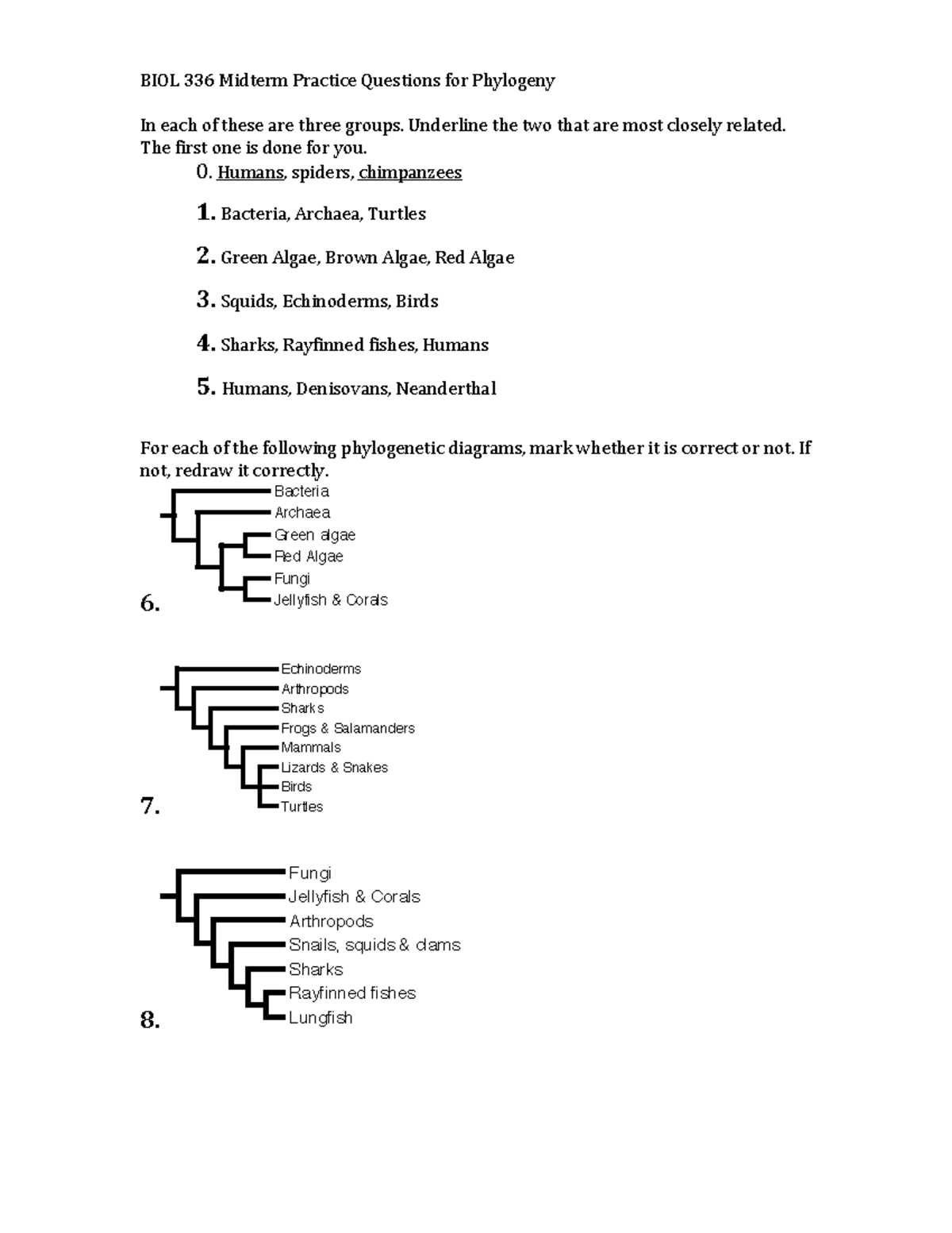 BIOL 336 Midterm - Phylogeny Practice Questions and Diagrams - Studocu
