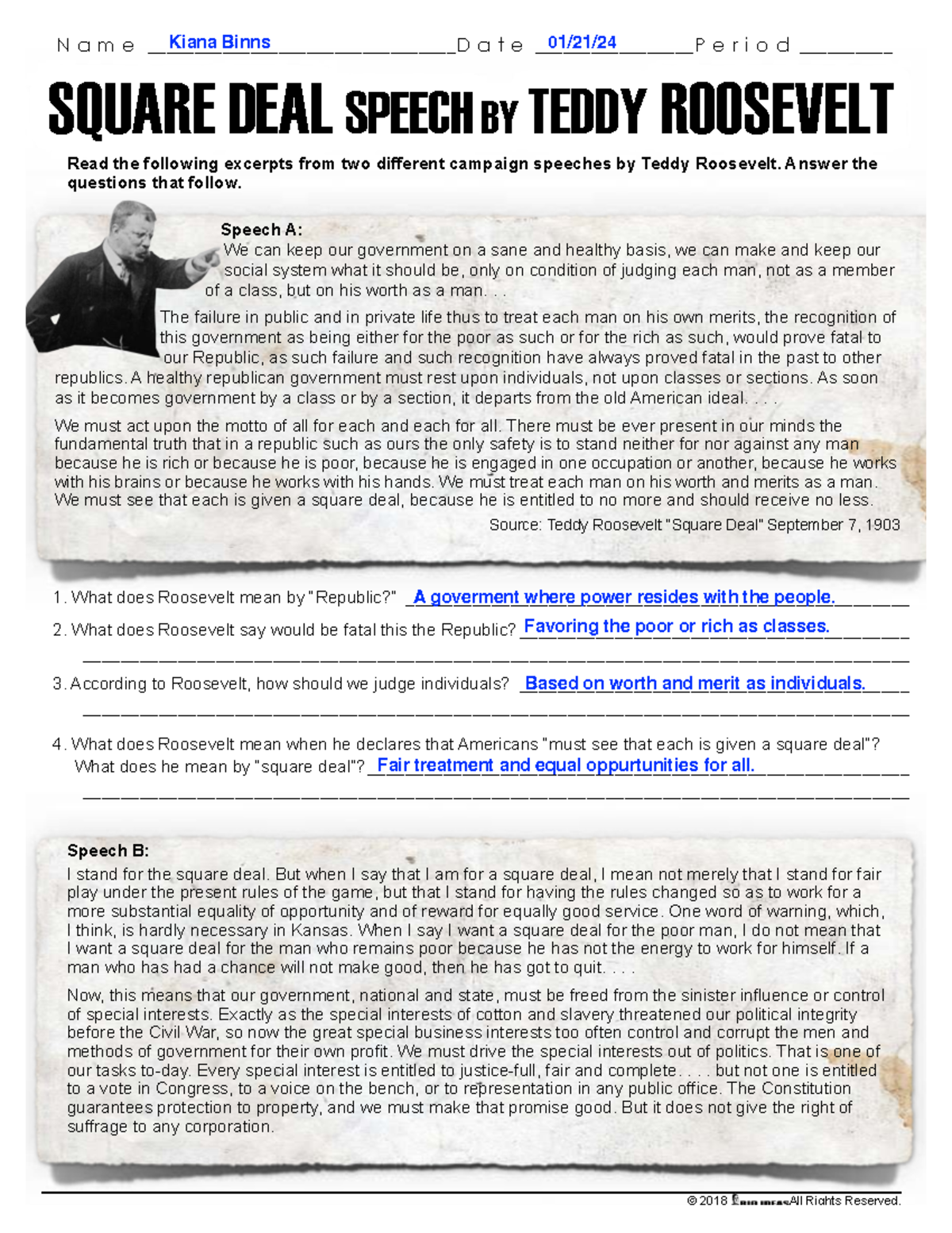 03B Teddy Roosevelt Square Deal-Student - Speech A: We can keep our ...