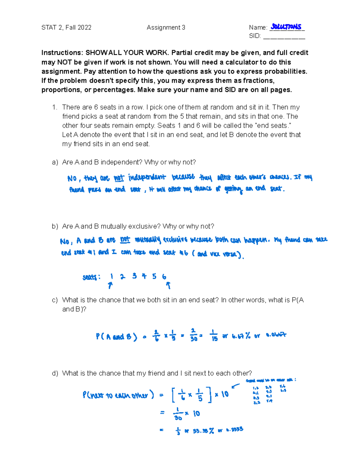 Stat 2 Fa22: Assignment 3 Solutions and Analysis of Probabilities - Studocu