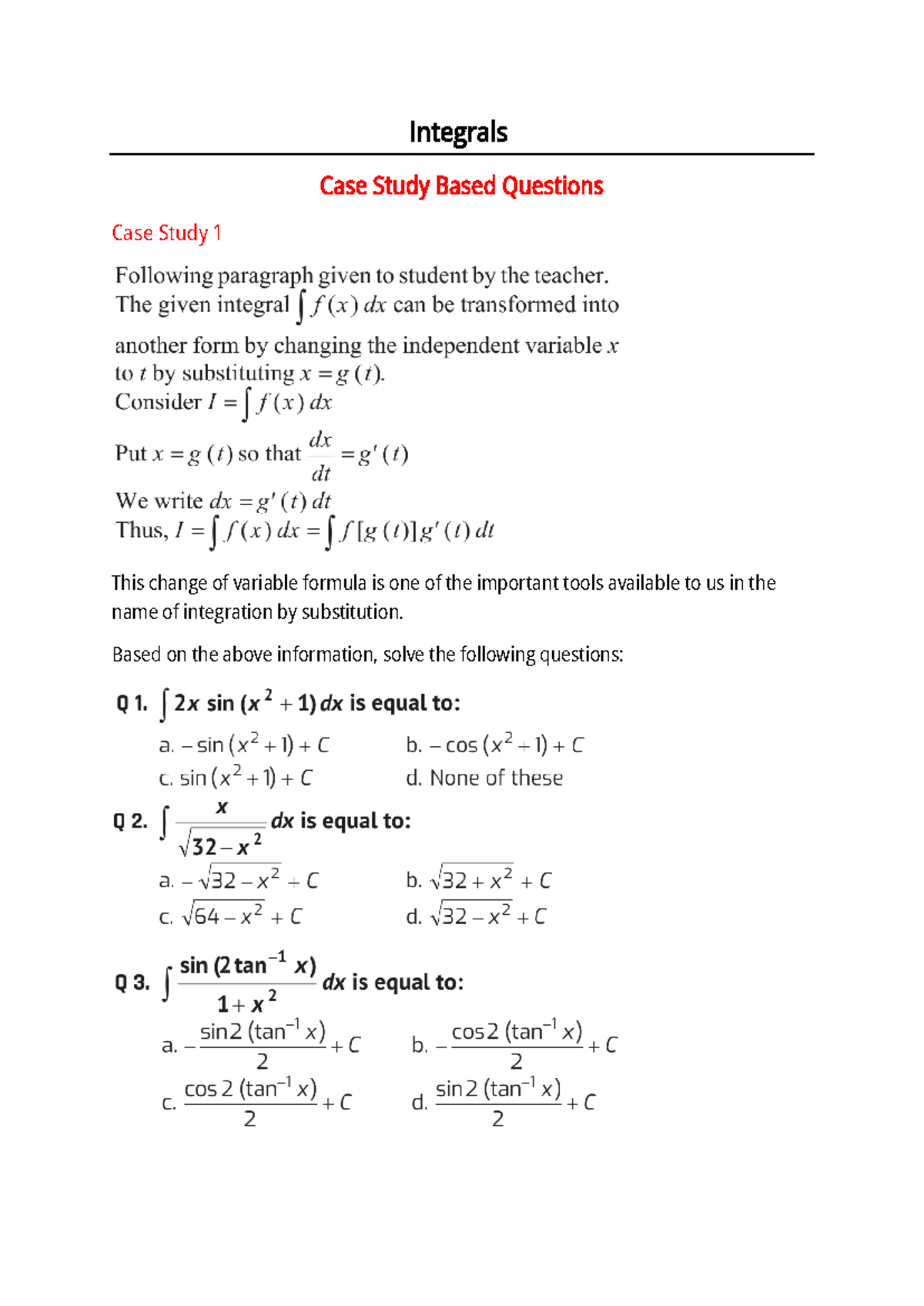 Integrals Case Study Questions (CBSE 2020) - Studocu