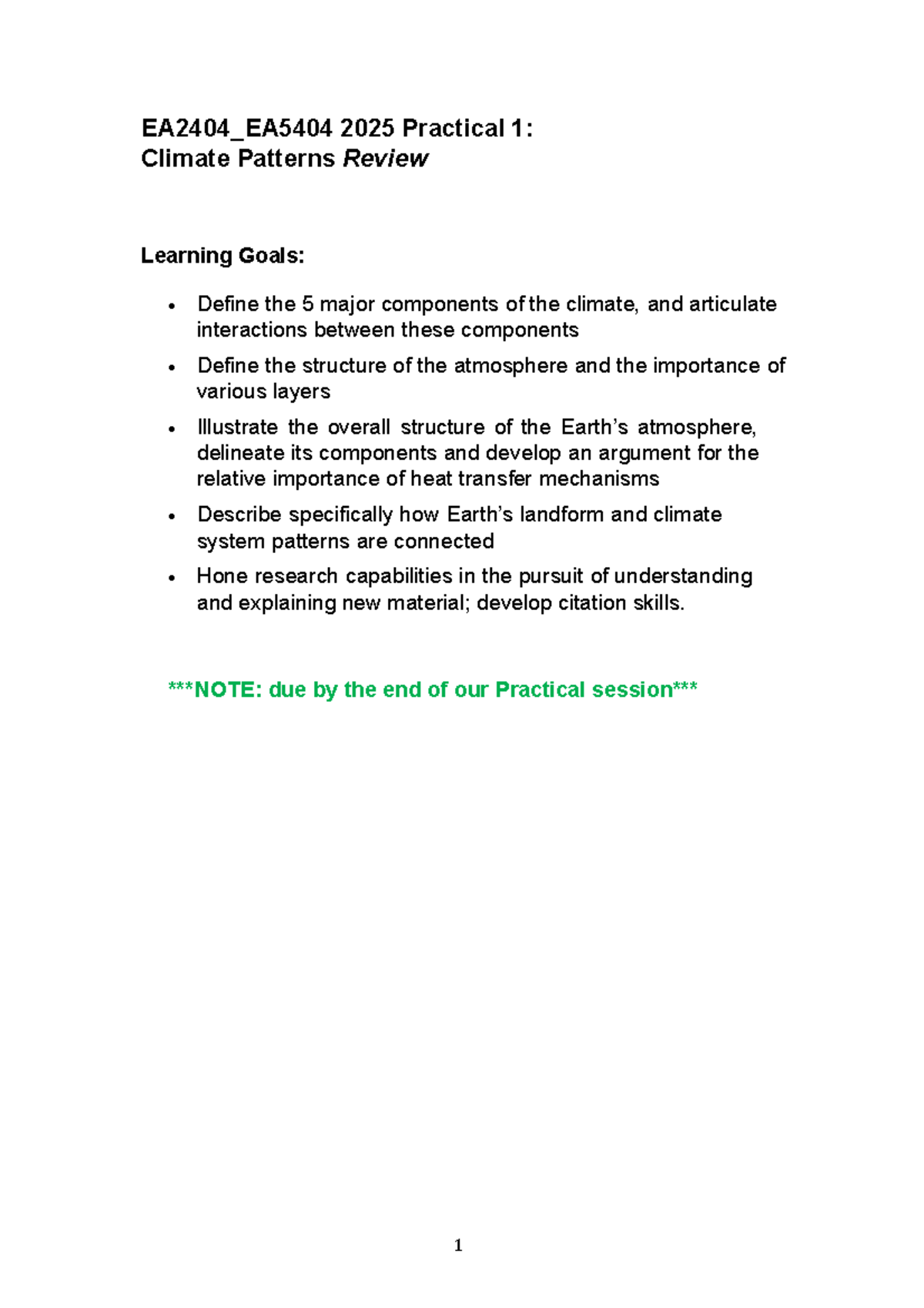 EA2404_EA5404 2025 Practical 1: Climate System Components & Interactions - Studocu