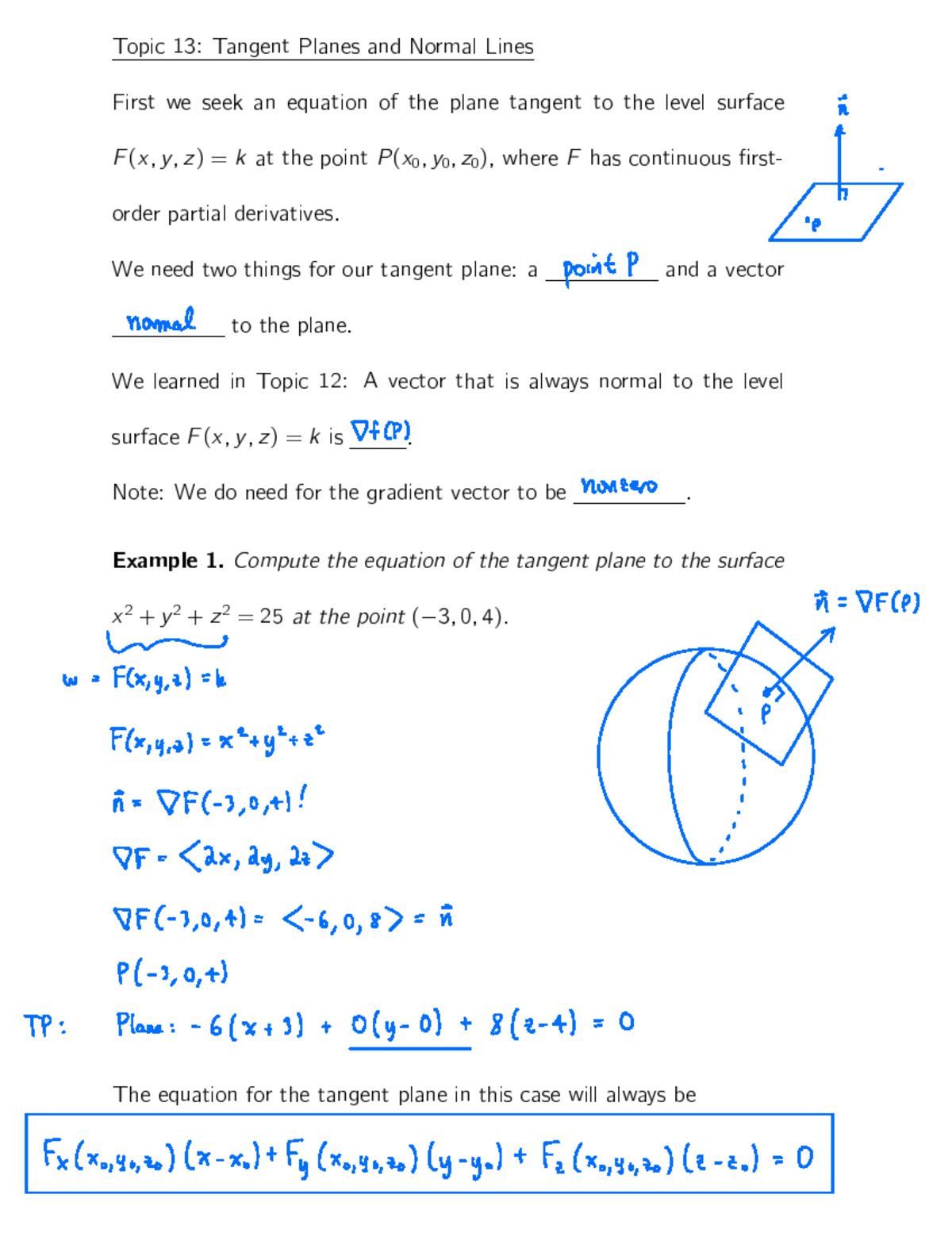 Fa25 200 Topic 13: Tangent Planes & Normal Lines Notes - Studocu