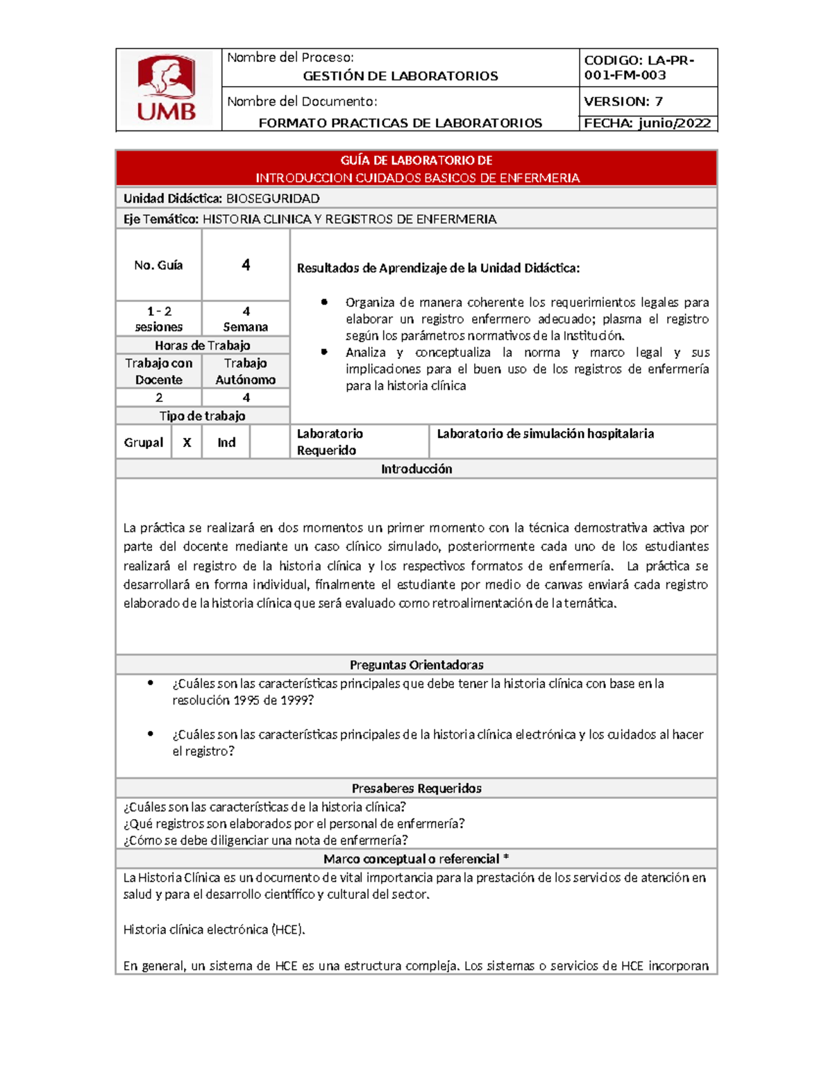 GUIA 4 Historia Clinica Y Registros DE Enfermeria - GESTIÓN DE LABORATORIOS 001-FM- Nombre del ...