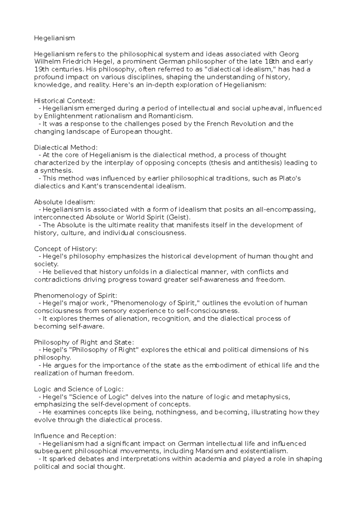 Hegelianism: A Comprehensive Study of Dialectics and Idealism - Studocu