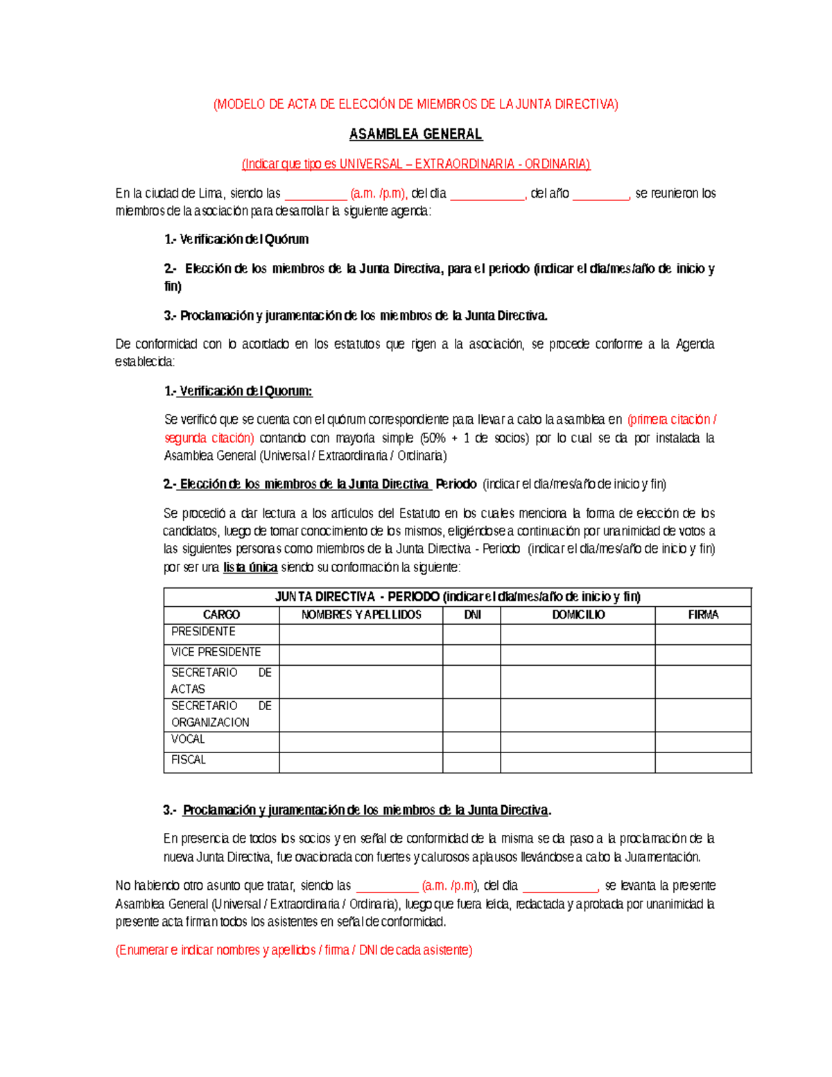 Modelo de Acta de Elección de Miembros de la Junta Directiva - Studocu