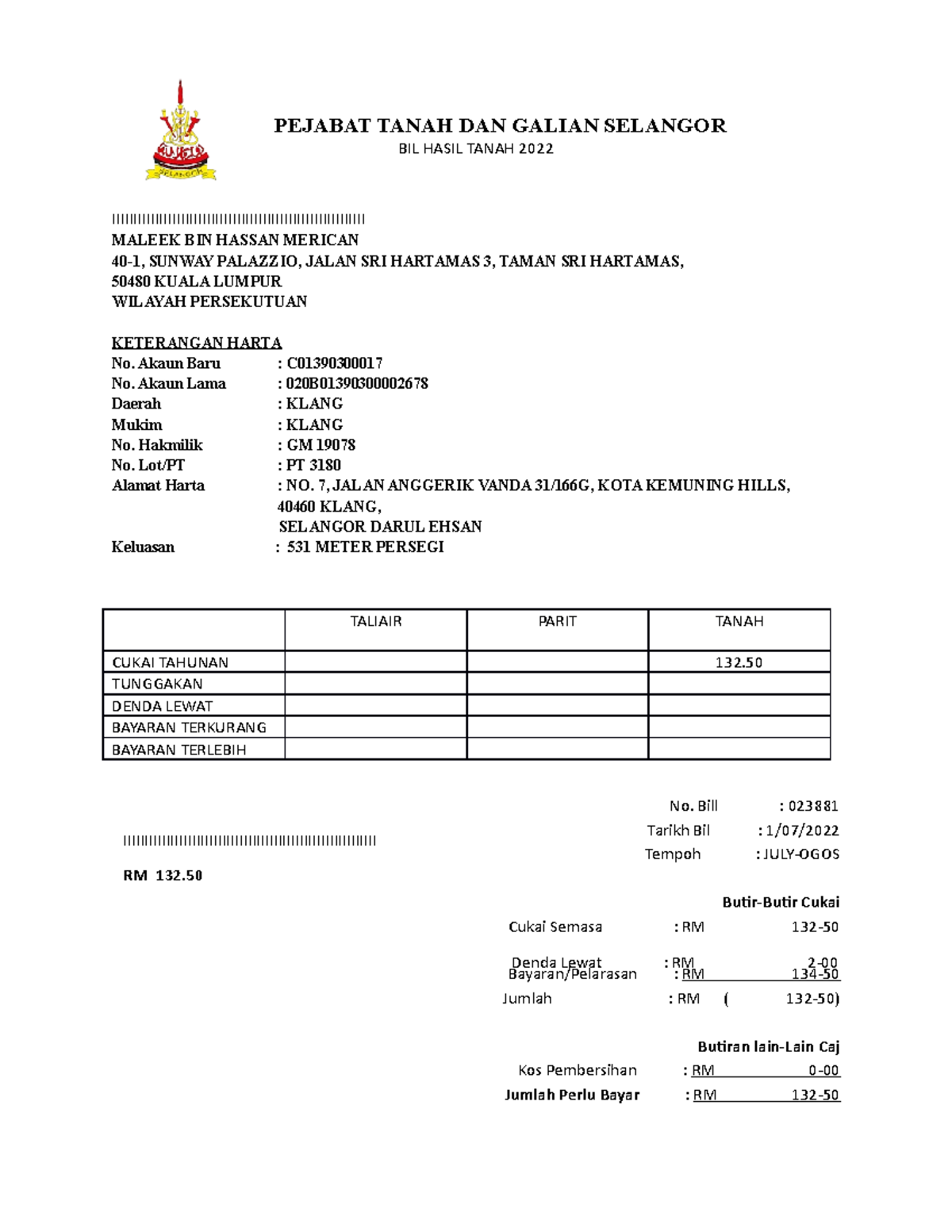 QUIT RENT Receipt for Property Tax Year 2022 - Klang District - Studocu