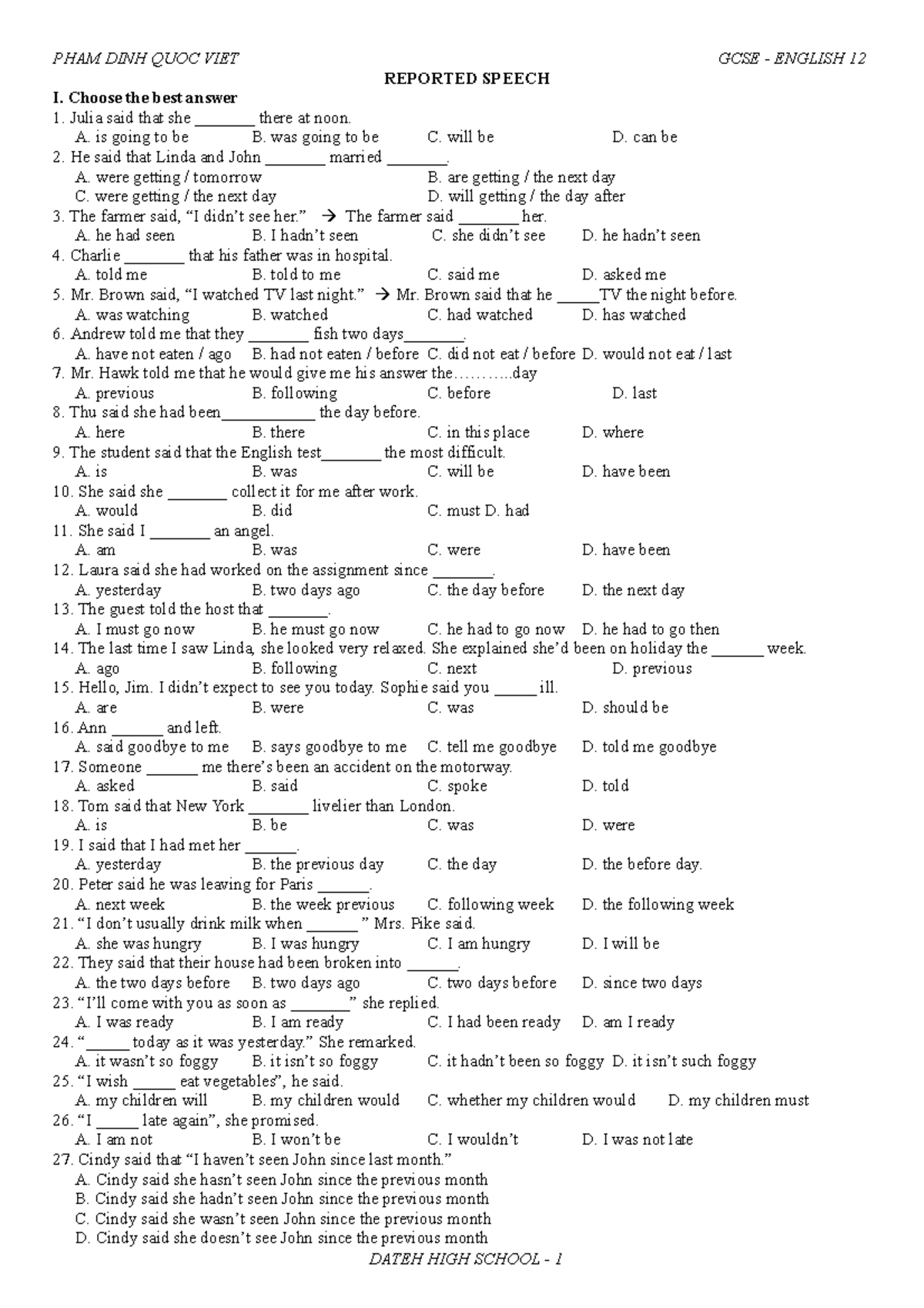 Reported Speech Exercises for English Language Learning (ENG101) - Studocu