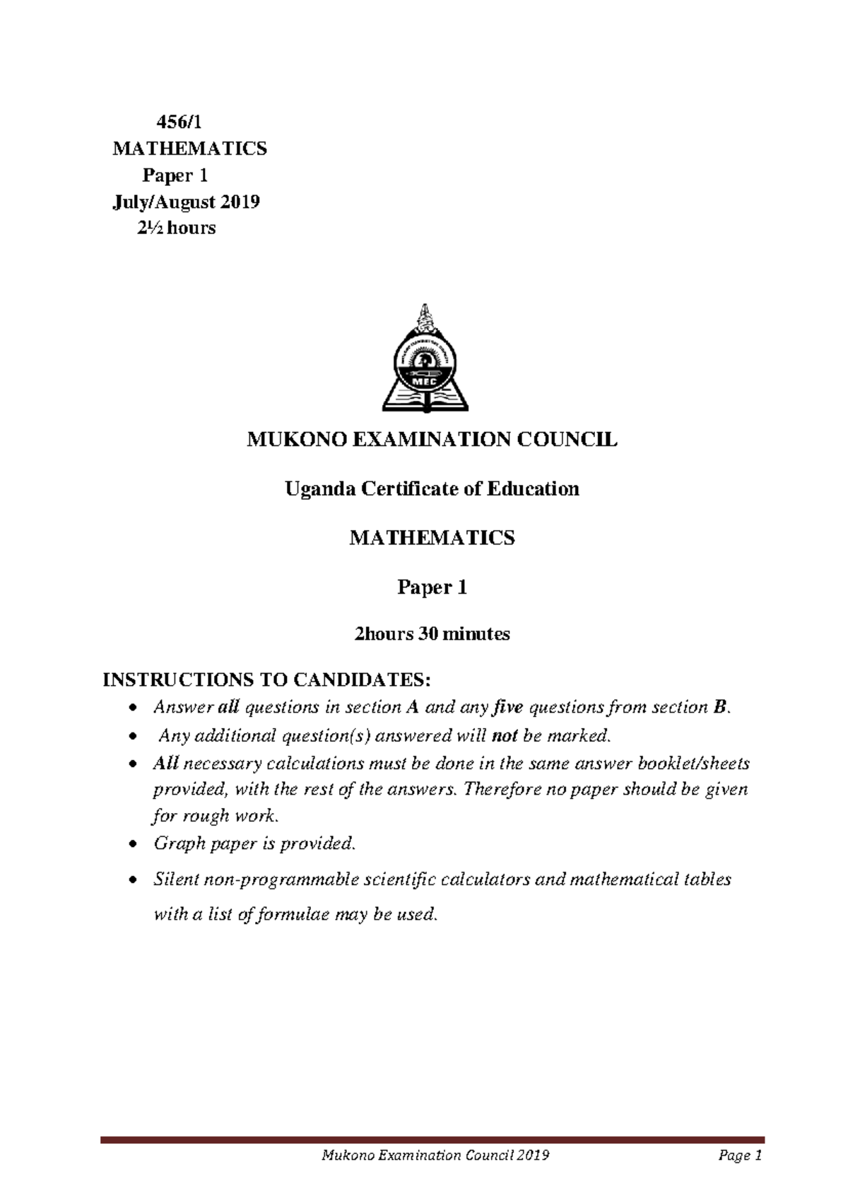 Mukono UCE Mathematics Mock Exam Paper 1 2019 - Studocu